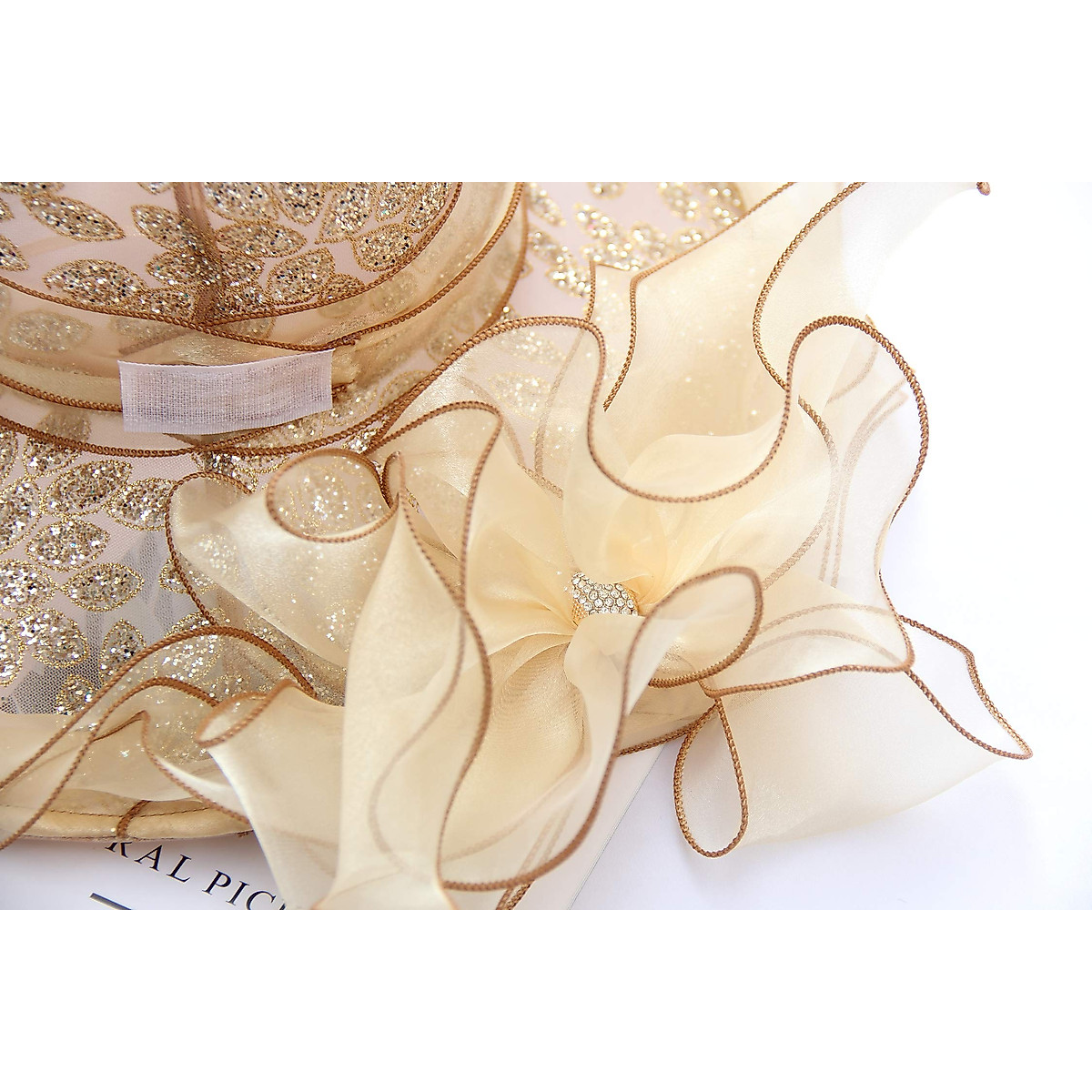 ORIDOOR Women?s Organza Church Kentucky Derby Tea Party Wedding Fascinator Hat UV-Anti Wide Brim Sun Hats, A Gold, One Size