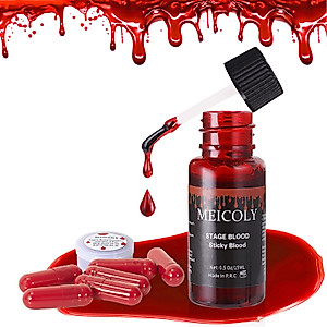 MEICOLY Fake Blood Washable,Edible Stage Blood,0.5 oz Realistic Drips Sticky Fake Blood with Brush,Safe for Mouth,Teeth,Nosebleed,Halloween,Cosplay,Scar,Wound Bites SFX Makeup,Special Effects,Bright