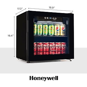 Honeywell Beverage Refrigerator and Cooler, 48 Can Mini Fridge with Glass Door for Soda Beer or Wine for Office or Bar with Adjustable Removable Shelving