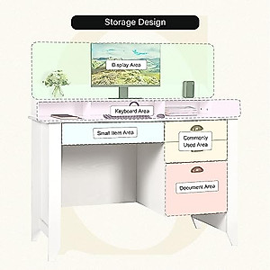 White Desk with Drawers and Hutch, White Desk Wooden Executive Desks with Storage Shelf, Writing Desk with File Drawer, Home Office Desk, for Small Space, White