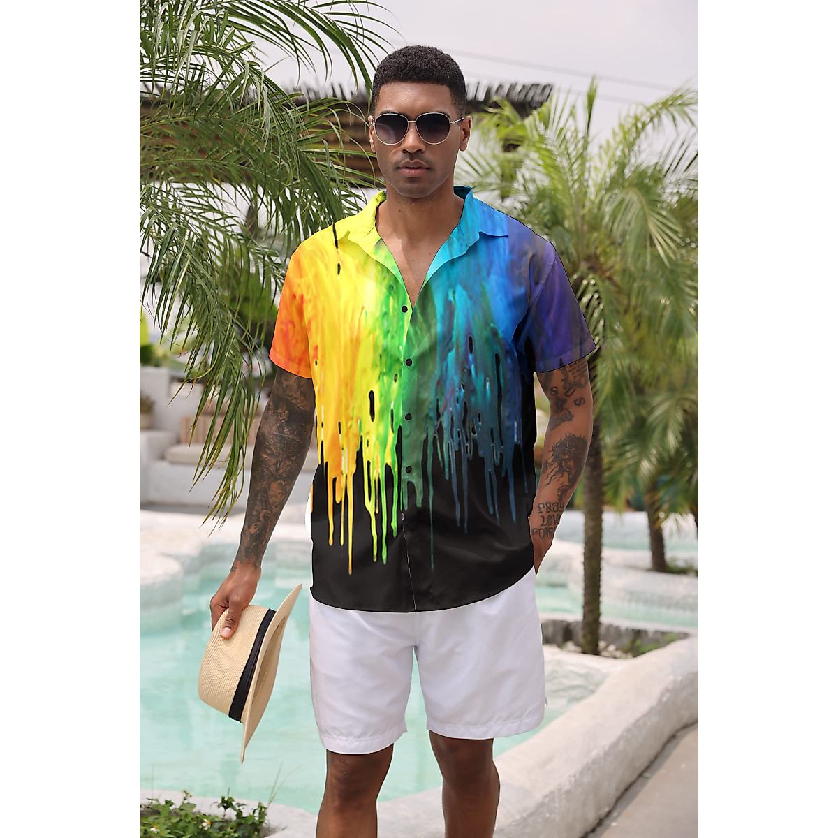 Hawaiian Men's Paint Button Down Shirts Gay Pride Black Pigment Tie Dyed Graphic Rainrow Short Sleeve Blouse Tee Top Black Aloha Colorful Shirt