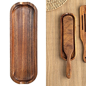 Teak Spatula Rest with Inlay Design, Teak Kitchen Utensil Cooking Shovel Holder Base Countertop Cooking Organizer Small Serving Tray for Spatula, Spoons
