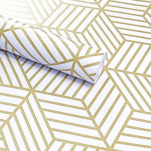 WY-BSO Floral Contact Paper Shelf Liner self-Adhesive Decorative Shelf Drawer Liner Sticker Vintage Peony 17x78 Inches (White and Gold Geometry)