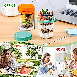 Tekuve Overnight Oats Containers with Lids and Spoon 2 Pack, Glass 16 oz Mason Jars with Airtight Lid for Overnight Oats Meal Prep Chia Yogurt Salad Fruit Red Orange