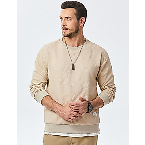 Dokotoo Men Men's Crew Neck Sweatshirts Soild Color Geometric Texture Long Sleeve Casual Pullover Shirts Beige 3X-Large