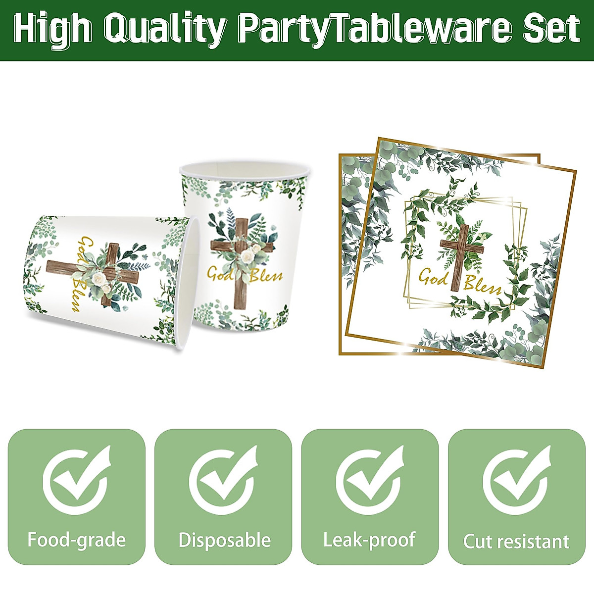 168Pcs God Bless Plates and Napkins Baptism Tableware Set First Holy Communion Party Decorations Mi Bautizo Eucalyptus Leaves Sage Paper Plates Christening Celebration Baby Shower Supplies,Serve 24