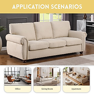 jurmiture 84" Modern 3 Seater Couches, Fabric Linen Deep Seat Sofa Mid Century Couches with Rolled Arms, Comfy Three Seater Couch Sofa with Turned Wooden Legs, Beige 3 Cushion Couches for Living Room