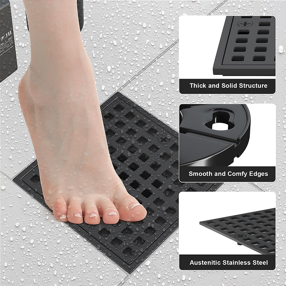 4-1/4" Square Shower Floor Drain with Black Matte Strainer(Checkered