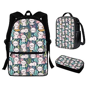 DISNIMO Axolotl Backpack for Kids Girls Boys Lightweight School Bag, Lunch Bag, Pencil Pouch, Travel Rucksack,Set of 3 Gifts for Back to School