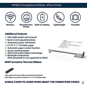 HPRT Thermal Printer MT800Q Portable Mini Printer, Wireless Printer for iPhone and Computer, The Best Small Printer Support 216mm Width A4 Paper, Home Use, Office, Travel and Mobile Printer