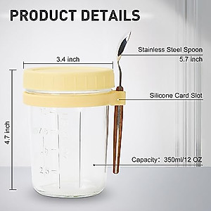 2 Pack Overnight Oats Containers with Lids and Spoons, 12 oz Glass Mason Overnight Oats Jars, Airtight Oatmeal Container with Measurement Marks for Yogurt Milk Cereal Vegetable and Fruit Salad