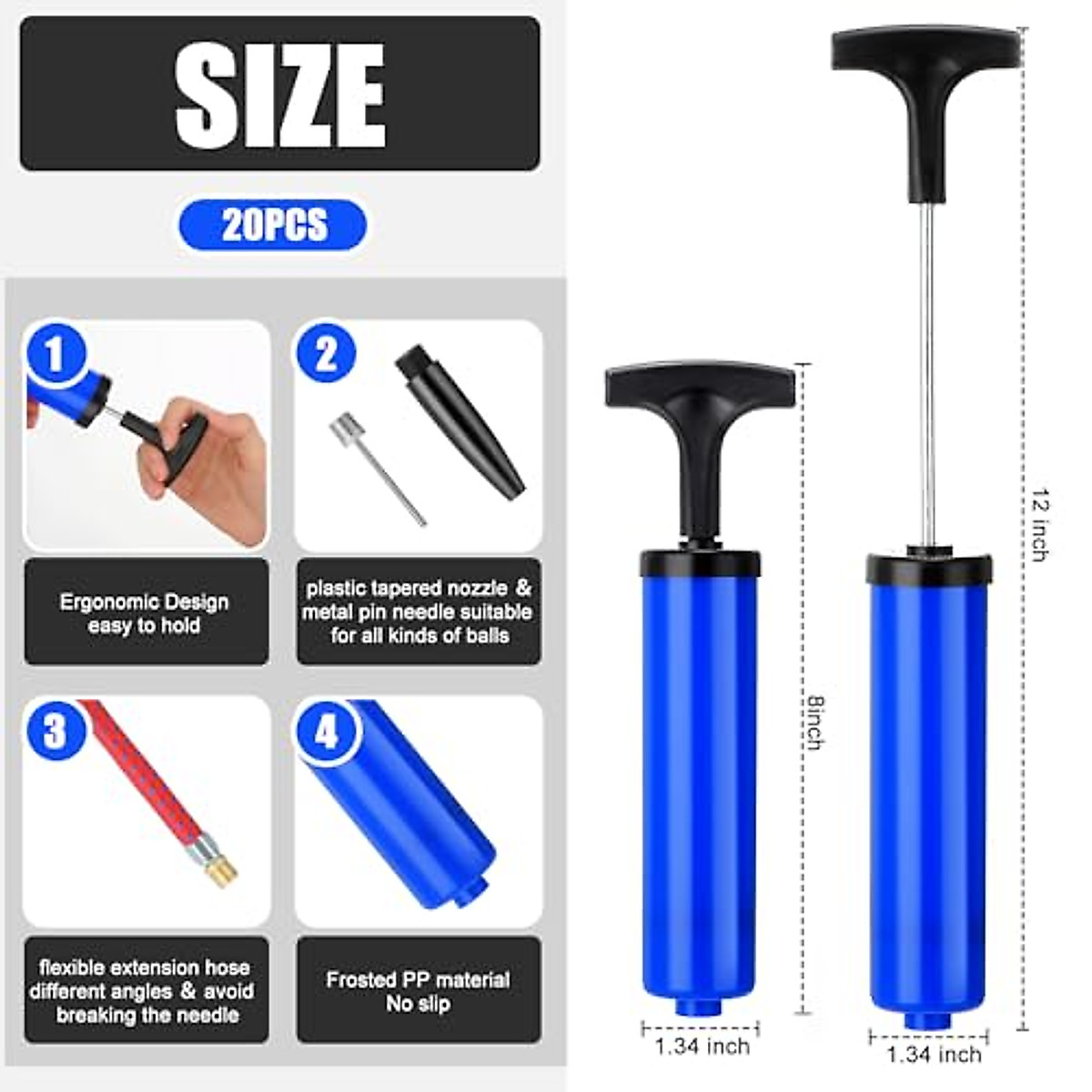 Jerify 20 Sets 8 Inch Ball Pump Kit Portable Sports Ball Air Pump, Soccer Pump with Needle Extension Hose Inflator for Inflate Football Basketball Volleyball Balloon Rugby Netball(Blue)