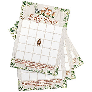 Printed Party Virtual Baby Shower by Mail, Woodland Forest Animals, Set of 5 Double-Sided Invitations, Games, Activities and Thank You Cards