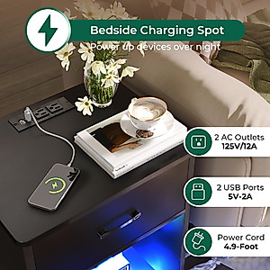 Huuger Nightstands Set of 2, Night Stands with Charging Station & LED Light Strips, Bedside Tables with Drawer, Side Tables Bedroom, End Tables with Open Storage, Black