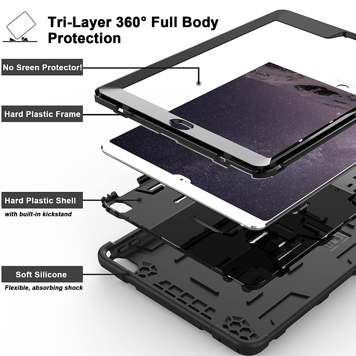 TIMISM Case for iPad Air 2nd Generation 2014, iPad Air 2 Case with Kickstand, 3 in 1 Heavy Duty Shockproof Hybrid Three Layer Protective Cover for iPad Air 2 A1566,A1567 (Black)