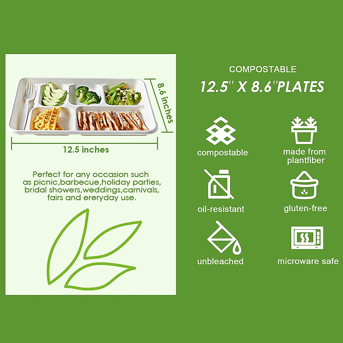 Vplus 100% Compostable 6 Compartment Plates, 90 Pack Compartment Paper Plate, 12.5x8.6 inch Disposable School Lunch Trays, Eco-Friendly Bagasse Plates for School Lunch, Buffet, and Party
