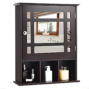 DORTALA Bathroom Wall Storage Cabinet, Mirror Cabinet Organizer, Wooden Hanging Medicine Cabinet Organizer w/Adjustable Shelf & 3 Open Compartments, Brown