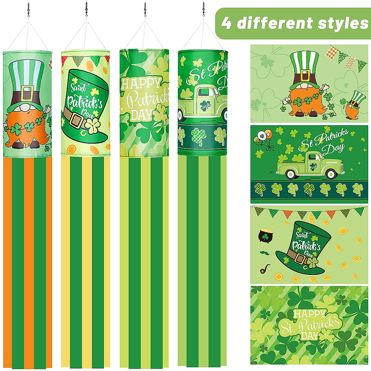 4 Pieces St. Patrick's Day Windsock Shamrock Windsock Flag Irish Green Truck Pattern Design Windsock Outdoor Hanging Decoration for St. Patrick's Day Backyard Garden Balcony Decor, 35 Inch