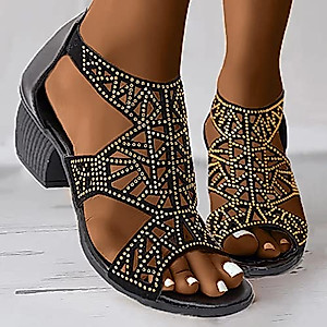 Womens Bow Tie Sandals Summer Roman Medium Heel Rhinestone Fish Mouth Back Zipper Sandals Casual Cutout Sandals (Gold, 9)