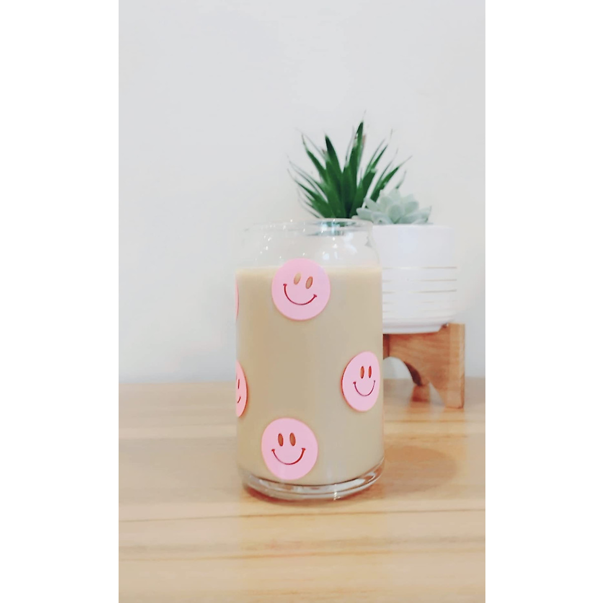 Iced Coffee Glass Cup with Bamboo Lid and Straw | 16oz Beer Can Glass | beer glass Cup | Can Shaped Glass Soda Can Cup | Pink Smiley face Glass Cup, Beer Glass Can, Glass Coffee Cup