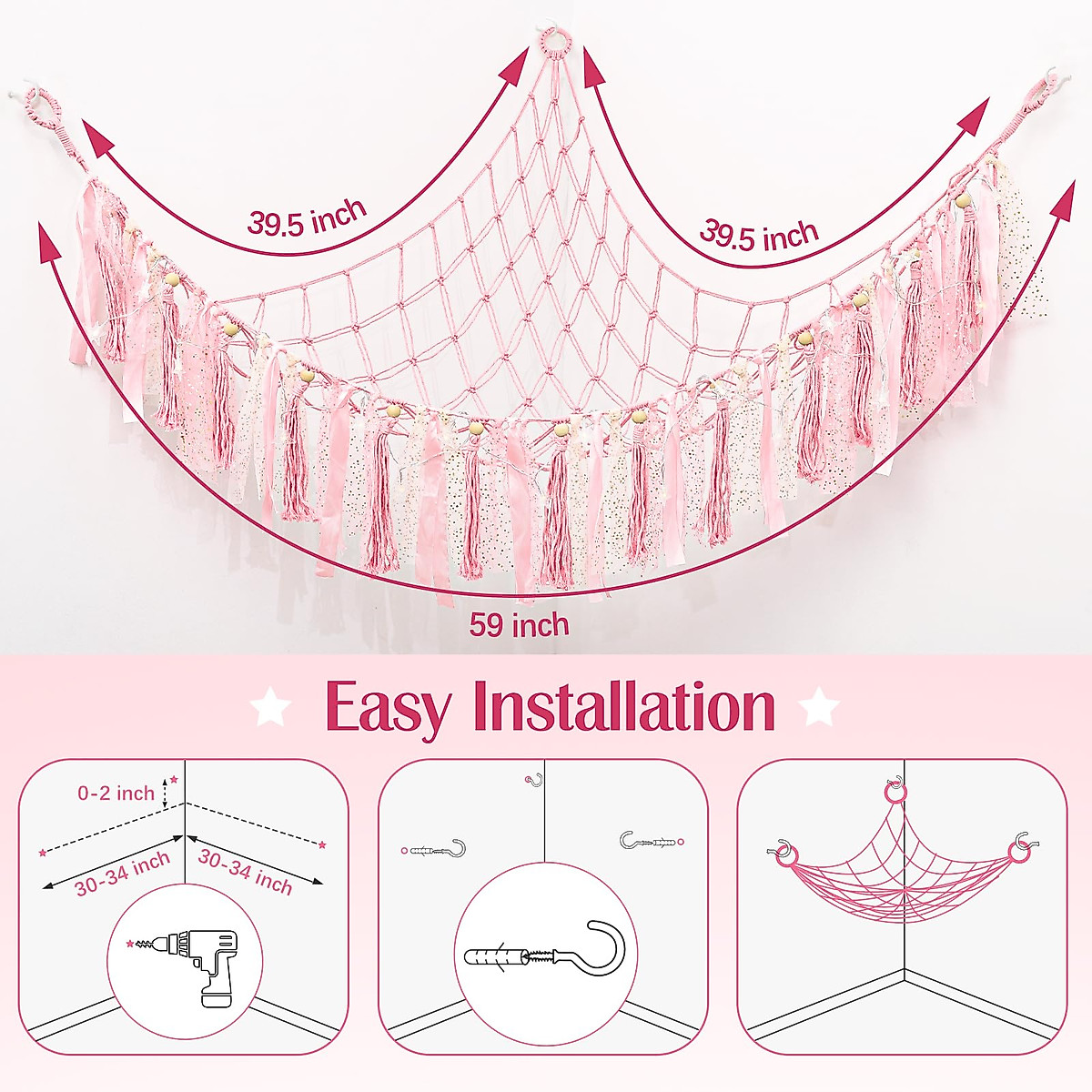 Lewondr Stuffed Animal Hammock, Dense Stuffed Animal Net or Hammock with Transitional Fringes, DIY Ribbons Great Decor Stuffed Animal Storage, 138'' Star Light String, 39'' x 39'' x 59, Pink