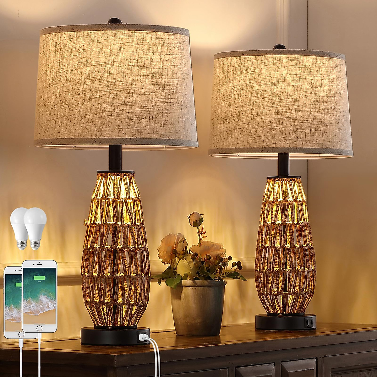 TUUANA 26in Rattan Table Lamps Set of 2 with USB Charging Ports, Farmhouse Wicker Lamps for Living Room End Table, Coastal Lamps for Bedroom Bedside Nightstand, 2 LED Bulbs & 2 Nightlights Included