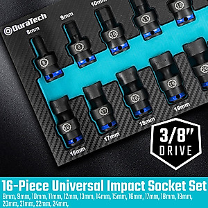 DURATECH 3/8" Drive Impact Universal Joint Socket Set, Swivel Socket Set, 16-Piece, Metric, 8-24MM, Cr-Mo Steel, Organized in EVA Foam Organizer