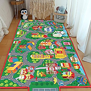 beetoy Car Rug Play Mat, Car Mat for Kids Toy Cars, Car Play Rug Toy Car Mat Large Car Play Mats for Kids City Life Race Car Track Rug Portable Anti-Slip Educational Rug with Roads for 6 Toy Cars