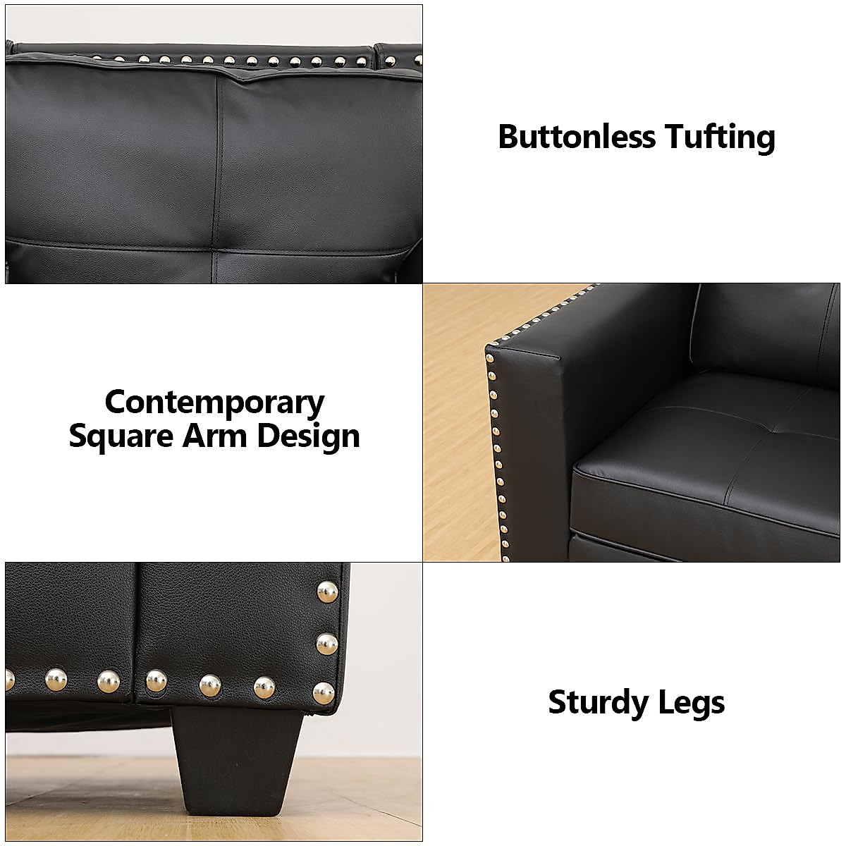 Mlxgoie Faux Leather 3-Seater Upholstered Sofa Couch, 79.5 Inch, Black