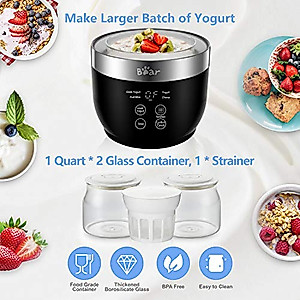 Bear Yogurt Maker, Greek Yogurt Maker Machine with Strainer and Timer Control, Yogurt Maker with Stainless Steel Inner Pot, Automatic Digital Yogurt Maker with 2 Glass Jars 1 Quart for Home Organic Yogurt, Cheese Maker, Fruit Wine Maker, Black (black)