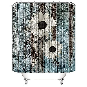 AZHM White Daisy Flower Shower Curtain Sets with Rugs 4 Piece Rustic Flower Floral Wood Panel Bathroom Decor Set with Non-Slip Rugs Toilet Lid Cover and Bath Mat Farmhouse Bathroom Shower Set