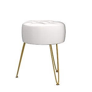 LUE BONA Faux Leather Vanity Stool Chair for Makeup Room, White Stool for Vanity, 19” Height, Tufted Vanity Chair Stool with Metal Legs, Modern Foot Stool Ottoman for Bedroom, Living Room
