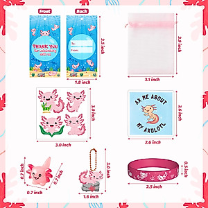 EYxsaxenk 122Pcs Axolotl Party Favor Pack of Reptile Animal Rubber Bracelet Resin Ornaments Temporary Tatto Sticker Keychain with Thank You Cards and Organza Bag for Axolotl Party Goodie Bag Supply