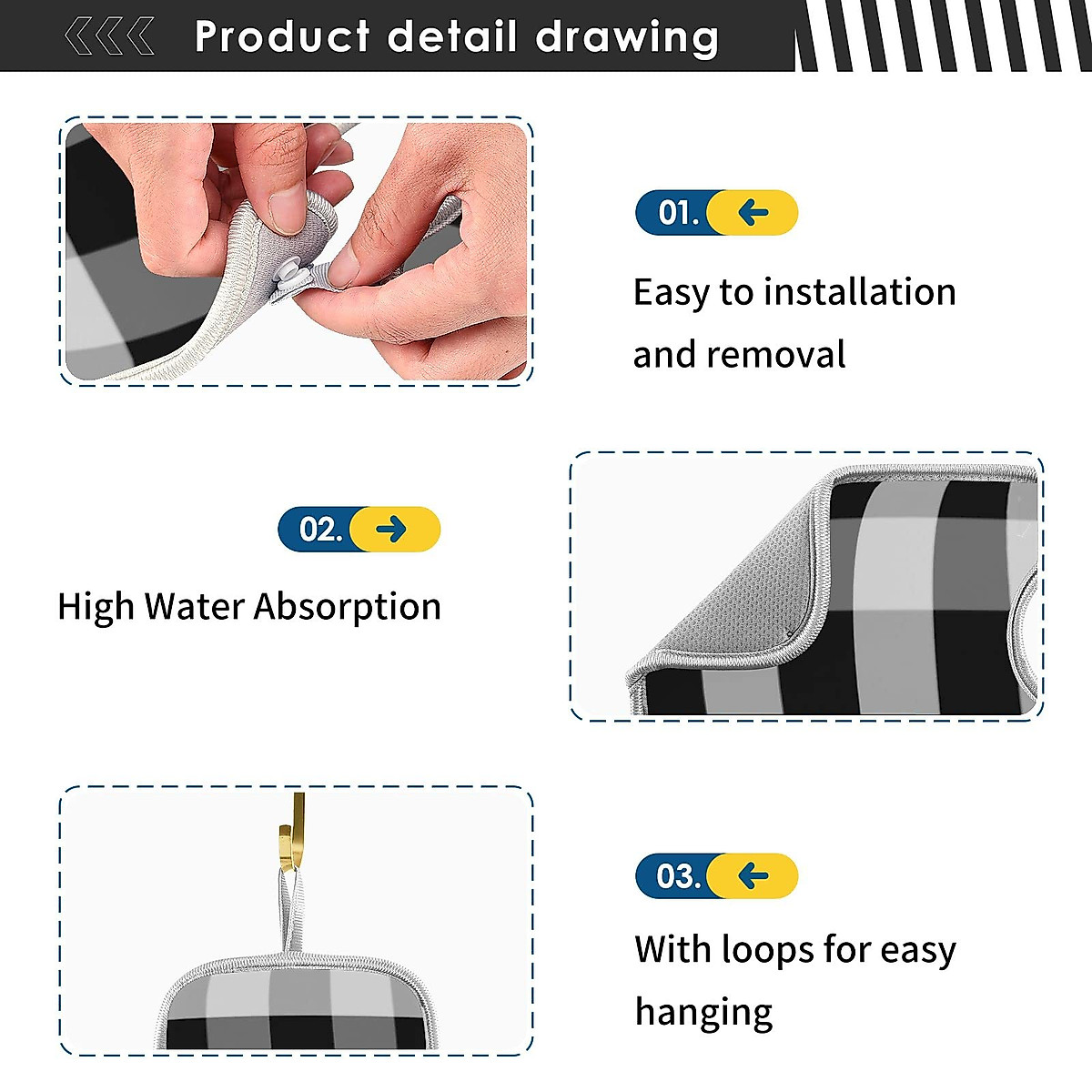 White and Black Buffalo Plaid Faucet Water Catcher Mat 2 Pack Classic Buffalo Check Drying Mat Absorbent Bathroom Faucet Handle Drip Catcher Tray Bar RV Kitchen Sink Splash Guard 23x5 Inches