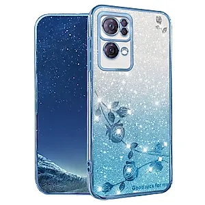 Phone Case Oppo Reno 7 pro Glitter for Women Girls Pink Floral Clear Shockproof Protector Oppo Reno 7 pro Phone Case Cover Diamond Bling Sparkle Luxury Cute Thin 2023 (Blue)