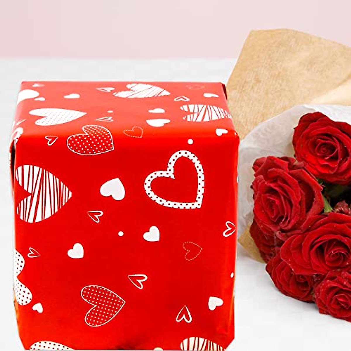 WorldBazaar Valentines Wrapping Paper Roll with Cut Lines Valentine Heart Love Design Gift Wrapping Paper for Valentine’s Day Birthday Holiday 3 Pack Red Pink