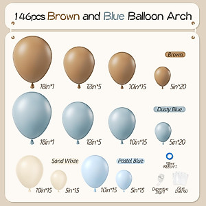 146Pcs Dusty Blue and Brown Balloon Arch Kit, Bear Baby Shower Decorations with Brown Sand White Dusty Blue Balloons for Baby Shower Decorations Gender Reveal Birthday Party Decoration
