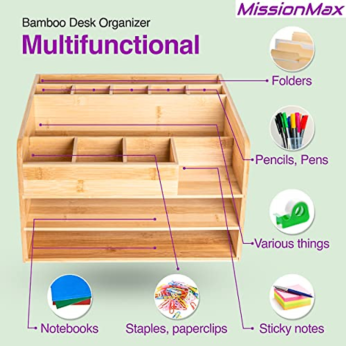 MissionMax Bamboo Wood Desk Organizer, Max Storage with Two File Trays, Vertical File, Pens, Pads and Other Bins to Hold Your Work Necessities