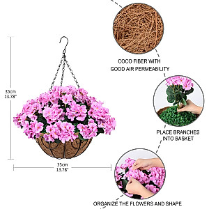 ZFProcess Artificial Flowers Hanging Basket with Begonia Silk Flowers for Outdoor/Indoor, Artificial Geranium Flowers in 12'' Basket for Patio Lawn Garden Summer Decoration(Deep Pink)