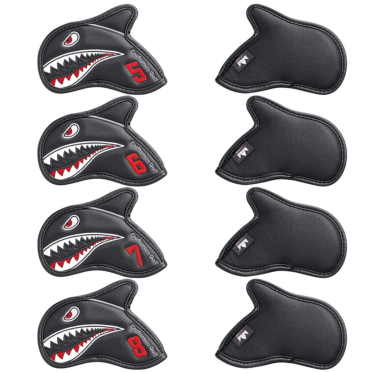 Craftsman Golf Vivid Shark Embroideried with 3D Fin 8pcs (5,6,7,8,9,P,A,S Black Iron Headcover Set with Large Red No.