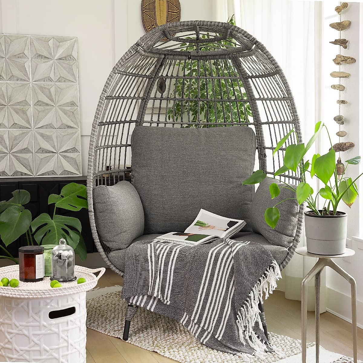 Barton Oversized Egg Style Wicker Chair Canopy Stationary & Seat Cushions Patio Lounge Basket, Grey