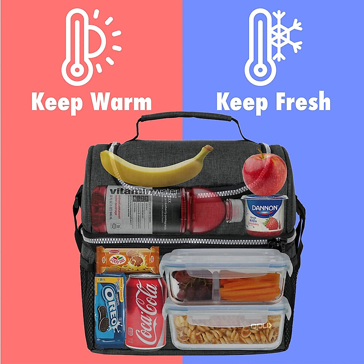 OPUX Lunch Box For Men Women, Insulated Large Double Decker Lunch Bag, Charcoal Gray, 10x7.5x10 Inches