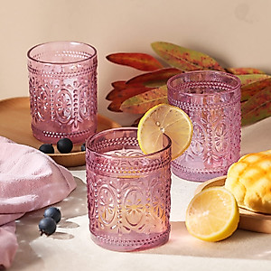 6 Pack Pink Vintage Glassware Set, 10oz Romantic Drinking Glasses, Colored Water Glasses, Pink Embossed Glass Cups for Juice, Cocktails, Beer, Iced Tea, Soda