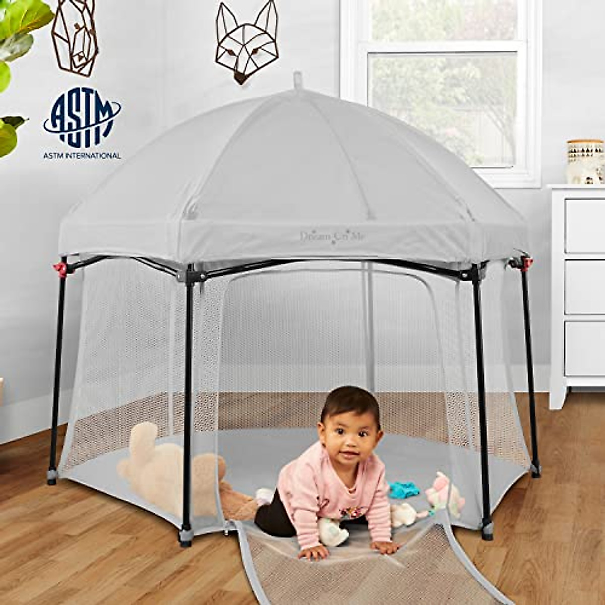 Dream On Me Onyx Playpen Set with Canopy, Baby Playpen, Portable and Lightweight, Playpen for Babies and Toddler, Grey