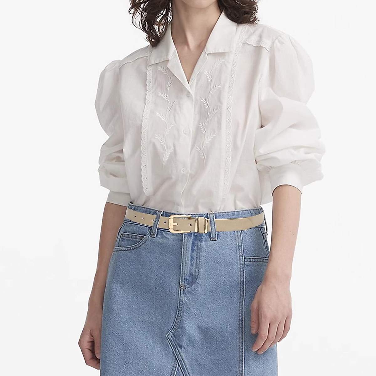 IFENDEI Women Waist Belts for Dresses Thin Black Skinny Leather Belts with Gold Pin Buckle Beige Small