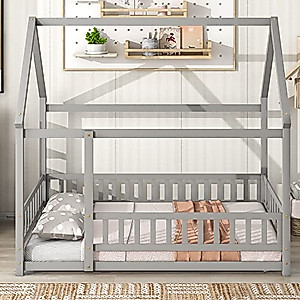 ZJIAH Full Size Floor Bed for Kids, Montessori Bed Frame Full Size with Fences, Wood Full Floor House Beds with Safety Guardrails for Teens Girls and Boys, No Box Spring Needed