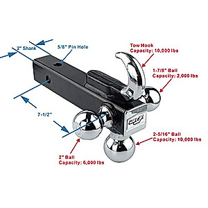 TOPTOW 64180HL Trailer Tri Ball Hitch with Hook, Fits for 2 inch Receiver, Chrome, 5/8 inch Hitch Lock Included