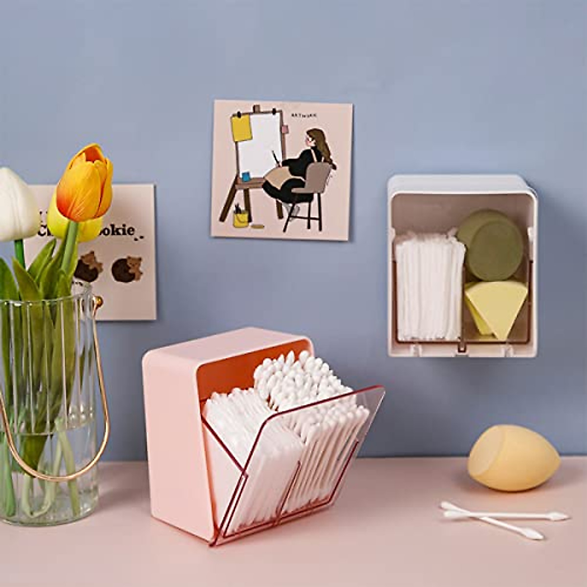 Qtip Holder Canisters Bathroom Cosmetic Makeup Pads Cotton Swabs Storage Organizer Container with 2 Grids, Bathroom Dresser Counter-top Office Desktop Storage Dispenser, Pink