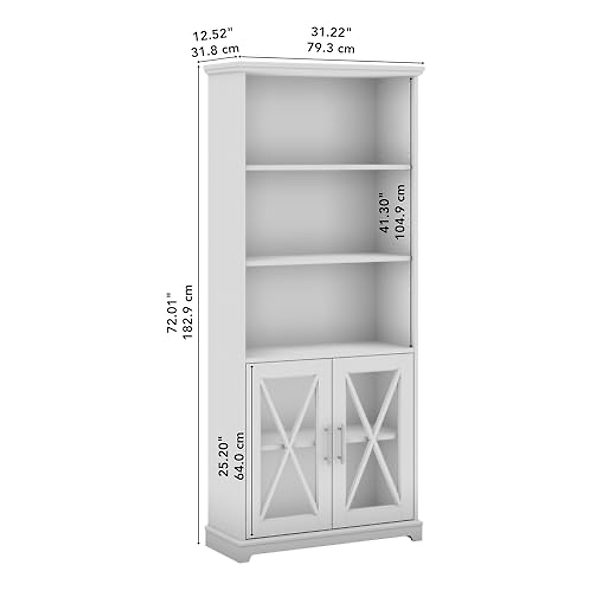 Bush Furniture Lennox Tall 5 Shelf Bookcase with Glass Doors in Linen White Oak | Farmhouse Bookshelf Cabinet for Living Room and Home Office