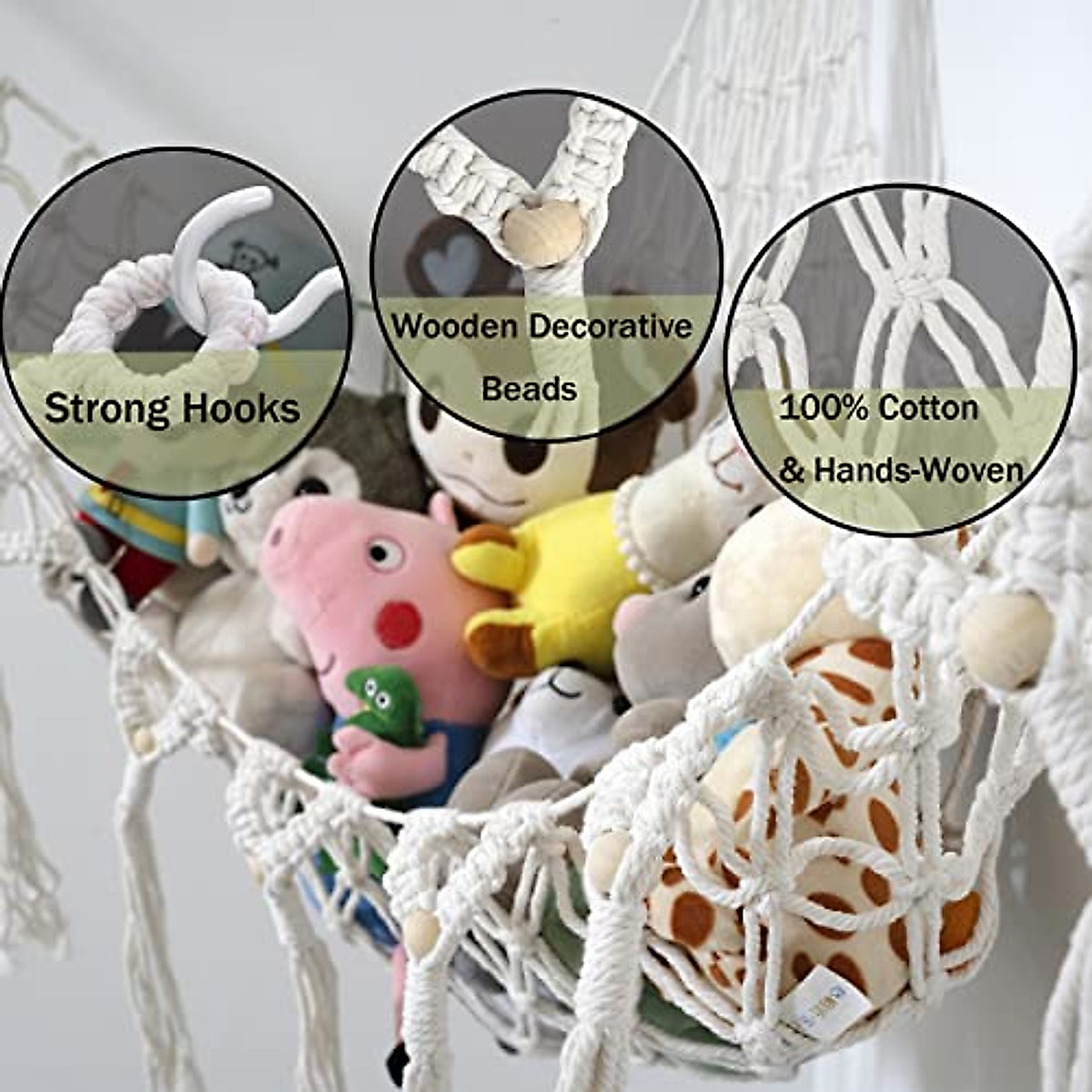 Stuffed Animal Hammock, Toy Hammock Stuffed Animal Net with Tassels Macrame, Corner Plush Toys Net Holder Hanging Net Storage Organizer for Boho Nursery, Play Room, Kids Bedroom